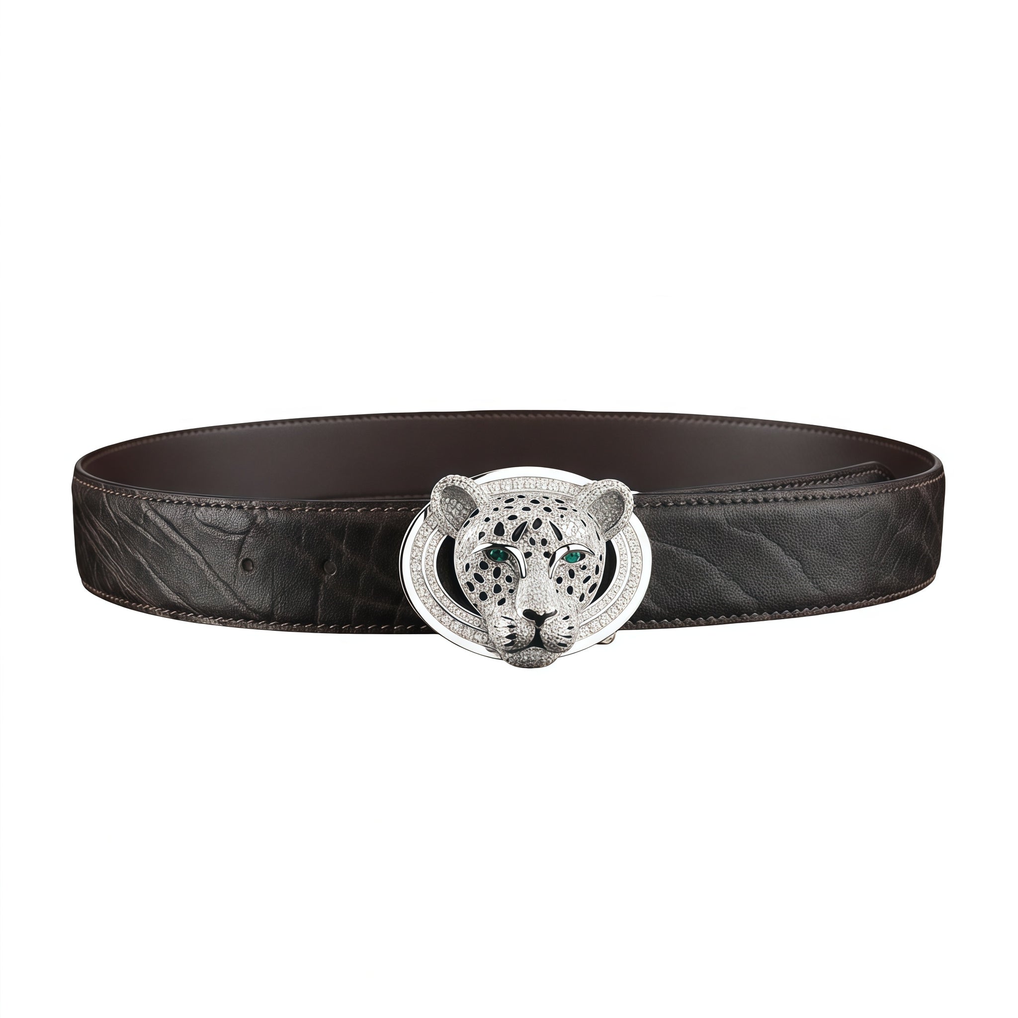 BELTLEY Espresso Brown Elephant Skin Belt with 3D Leopard Head Buckle